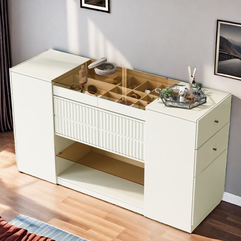 Latitude Run® Jylin Dresser with Glass Tabletop, Display Shelf and 6 Drawers | Wayfair